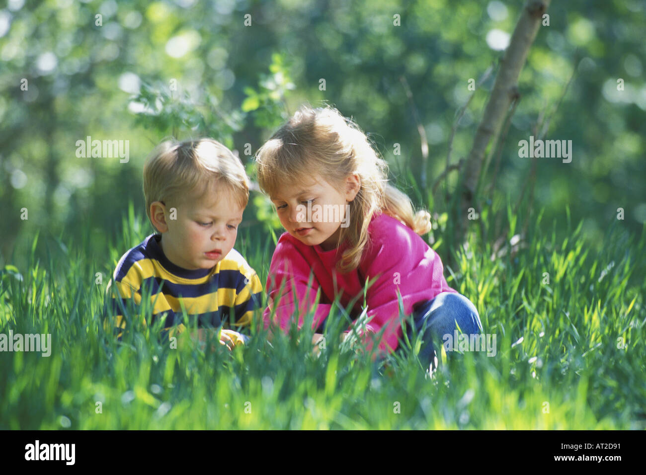 Two children play in the grass Stock Photo - Alamy