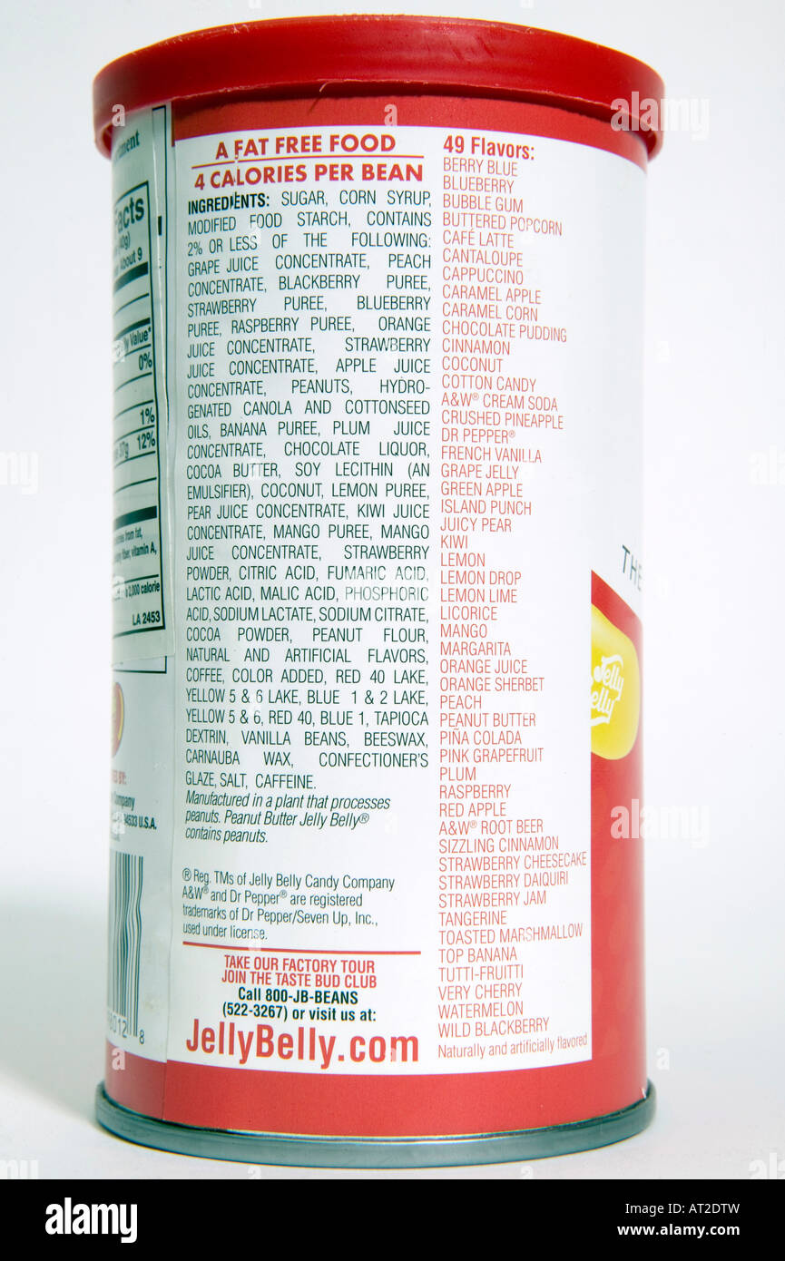 Back of a can of jelly beans with ingredients and flavors Stock Photo ...