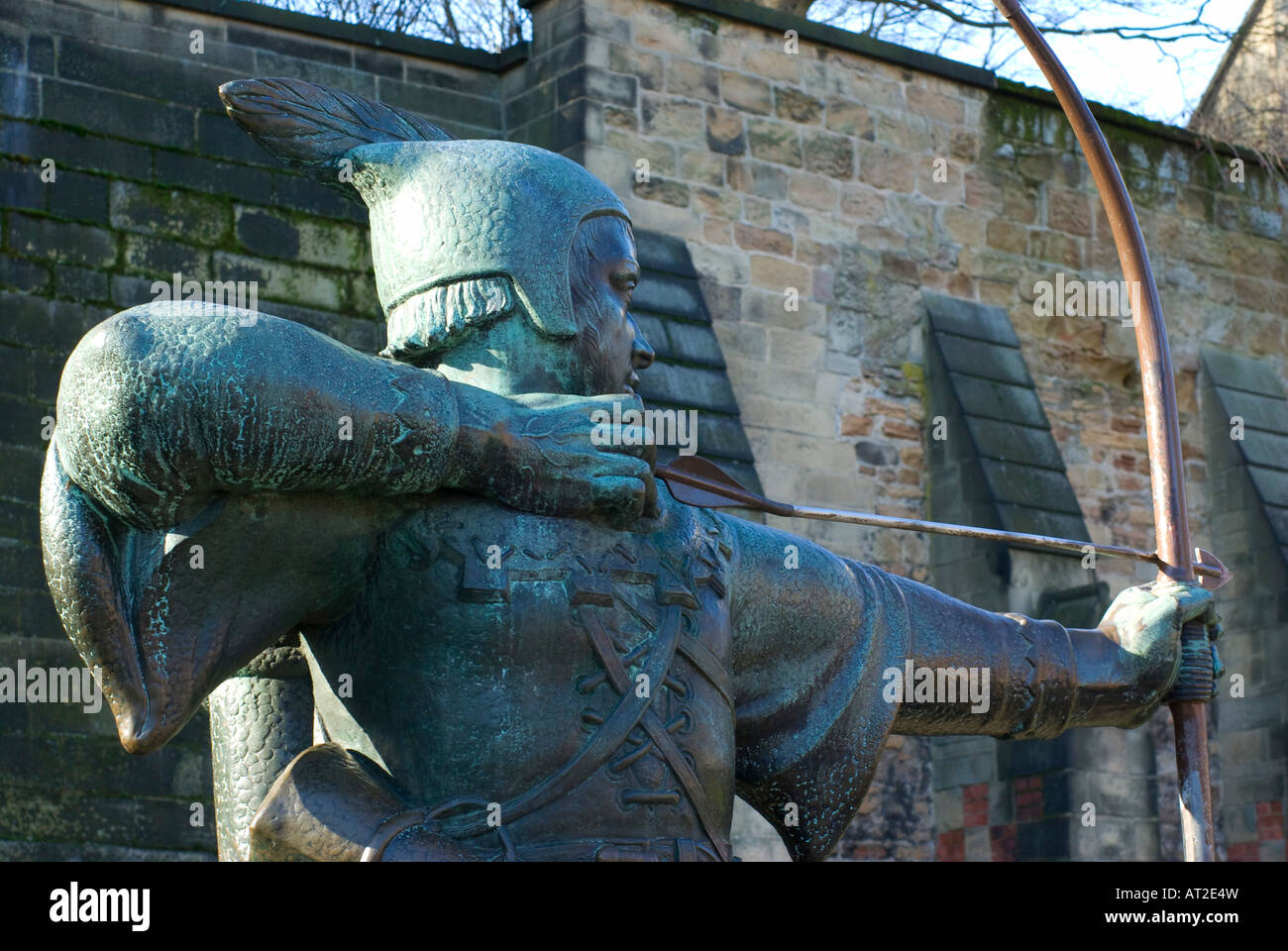Bronze Robin Hood statue shooting arrow, Nottingham, Nottinghamshire ...