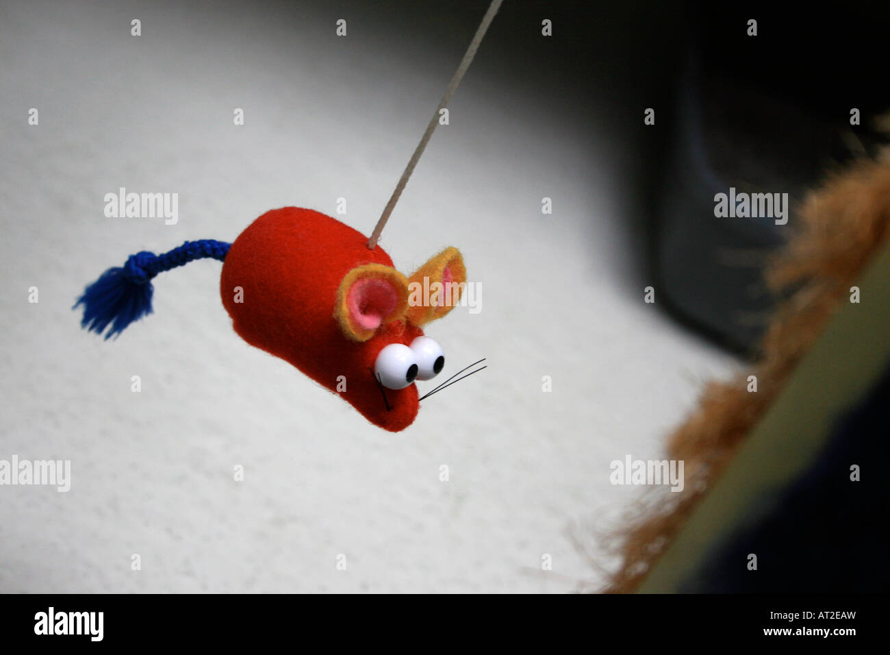 Cat scratching post with toy mouse Stock Photo - Alamy