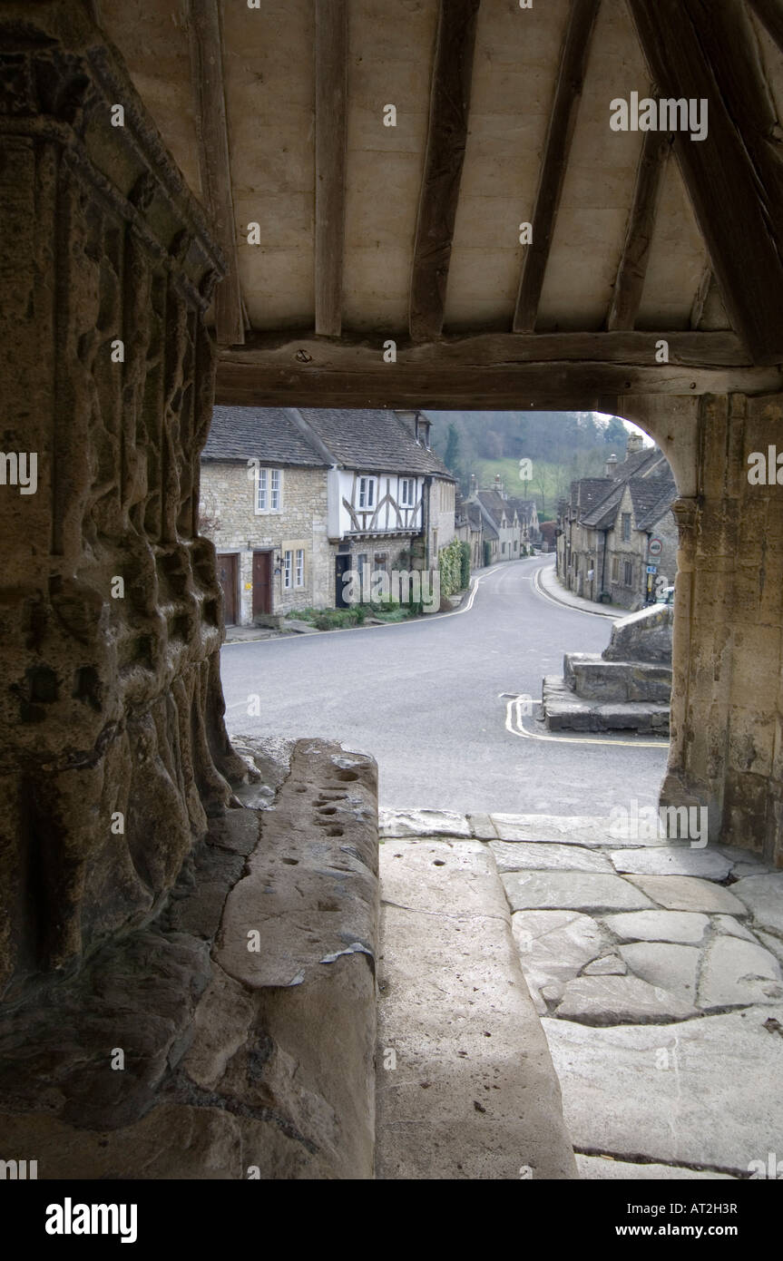 A view of Castle combe from the historic market cross in the center of ...