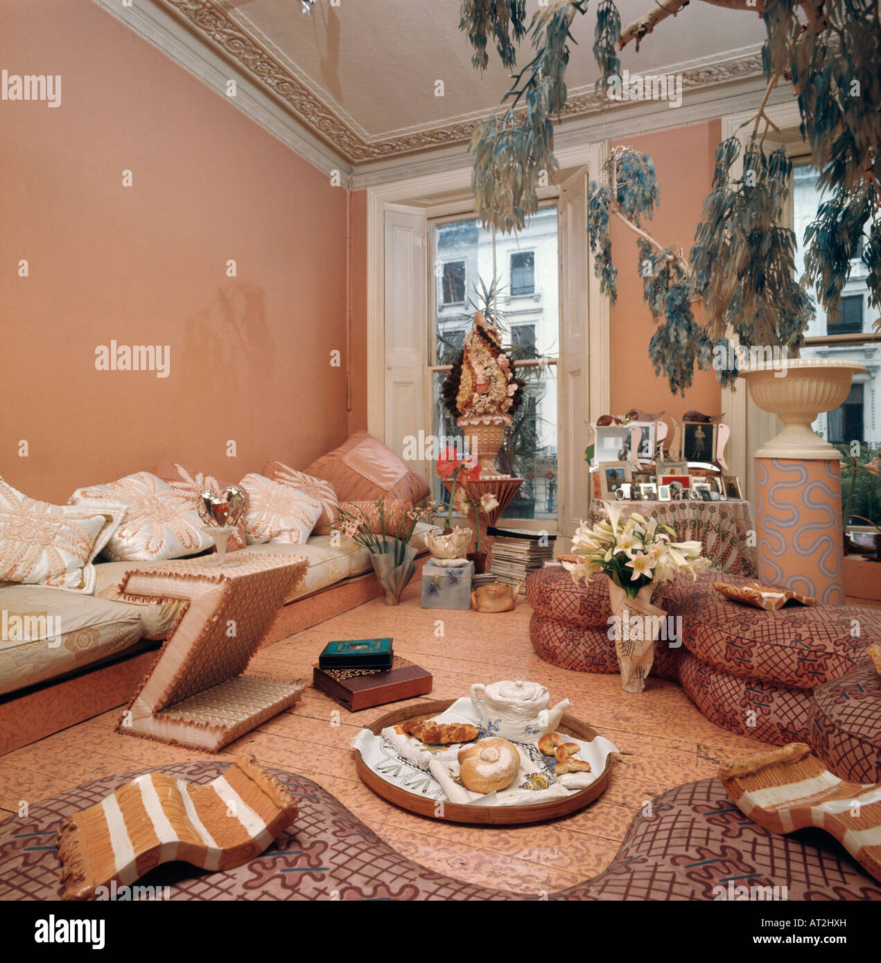 Contoured seating and ornaments in Zandra Rhodes seventies peach living ...