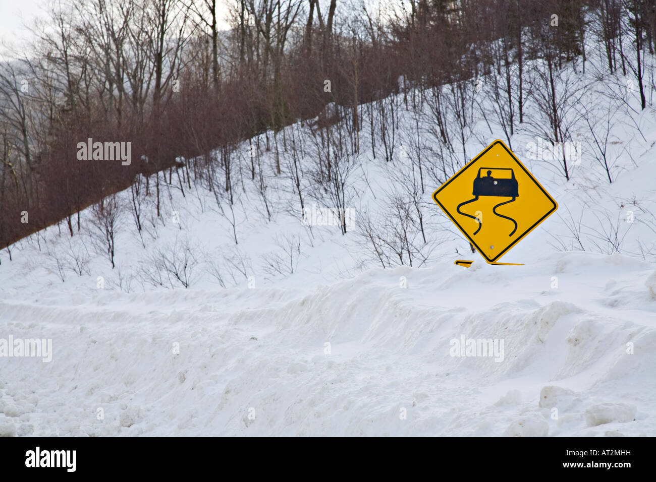 Slippery road sign covered by snow Stock Photo - Alamy