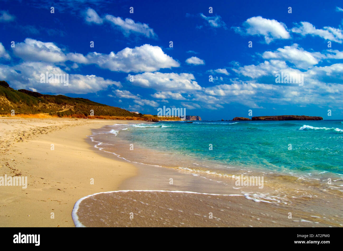 Beach view menorca island, waves breaking on golden sandy beach Stock ...