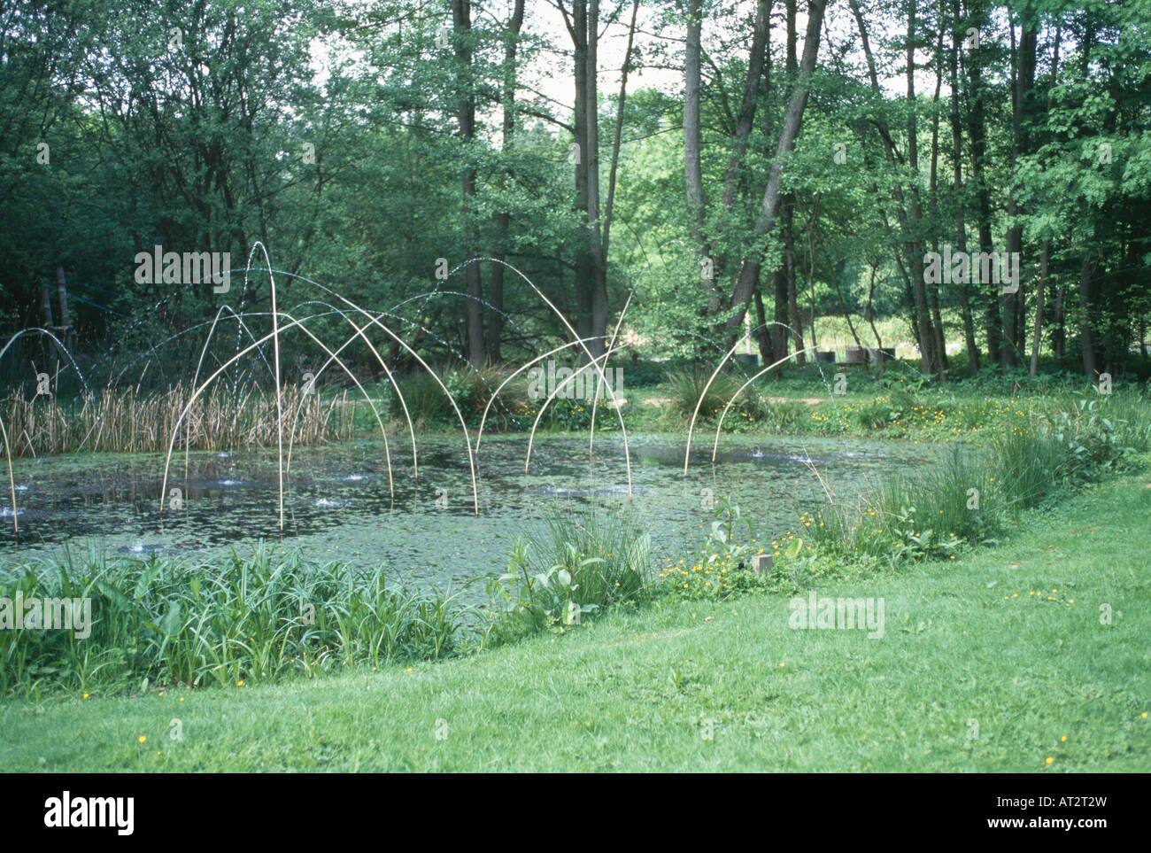 Modern arched pole sculpture in pond bordered by trees Stock Photo - Alamy
