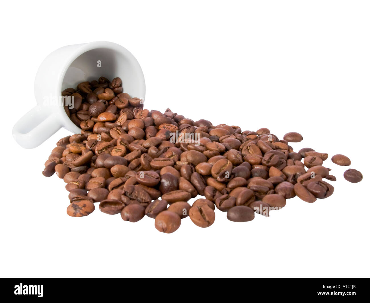 Spilled coffee beans and an espresso cup isolated on white Stock Photo ...