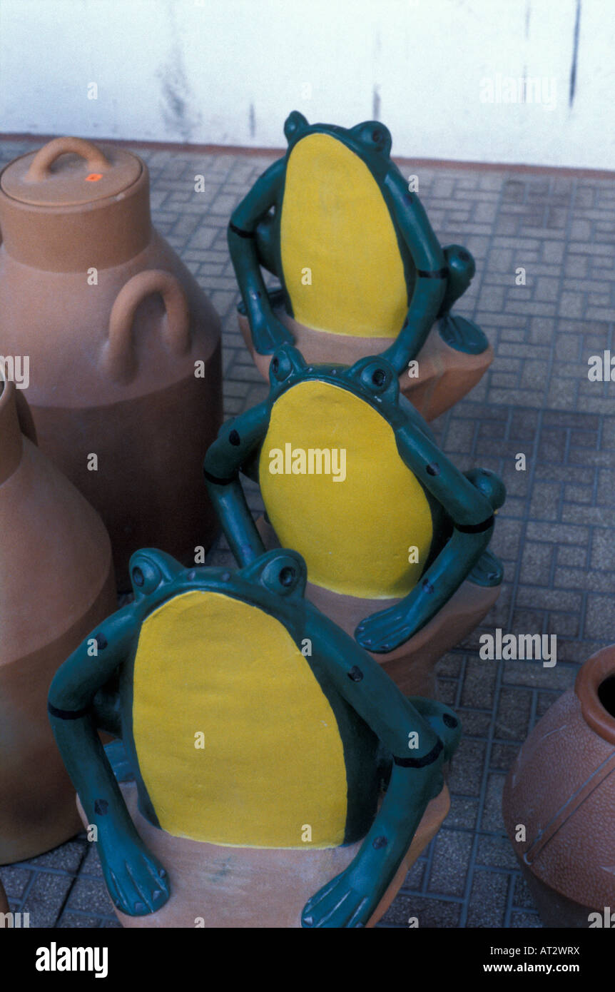 Painted ceramic frogs for sale at the Sunday handicrafts market in El ...