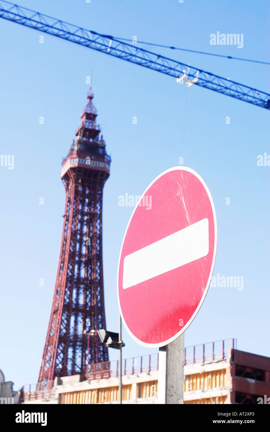 Blackpool tower crane and no entry sign Stock Photo - Alamy