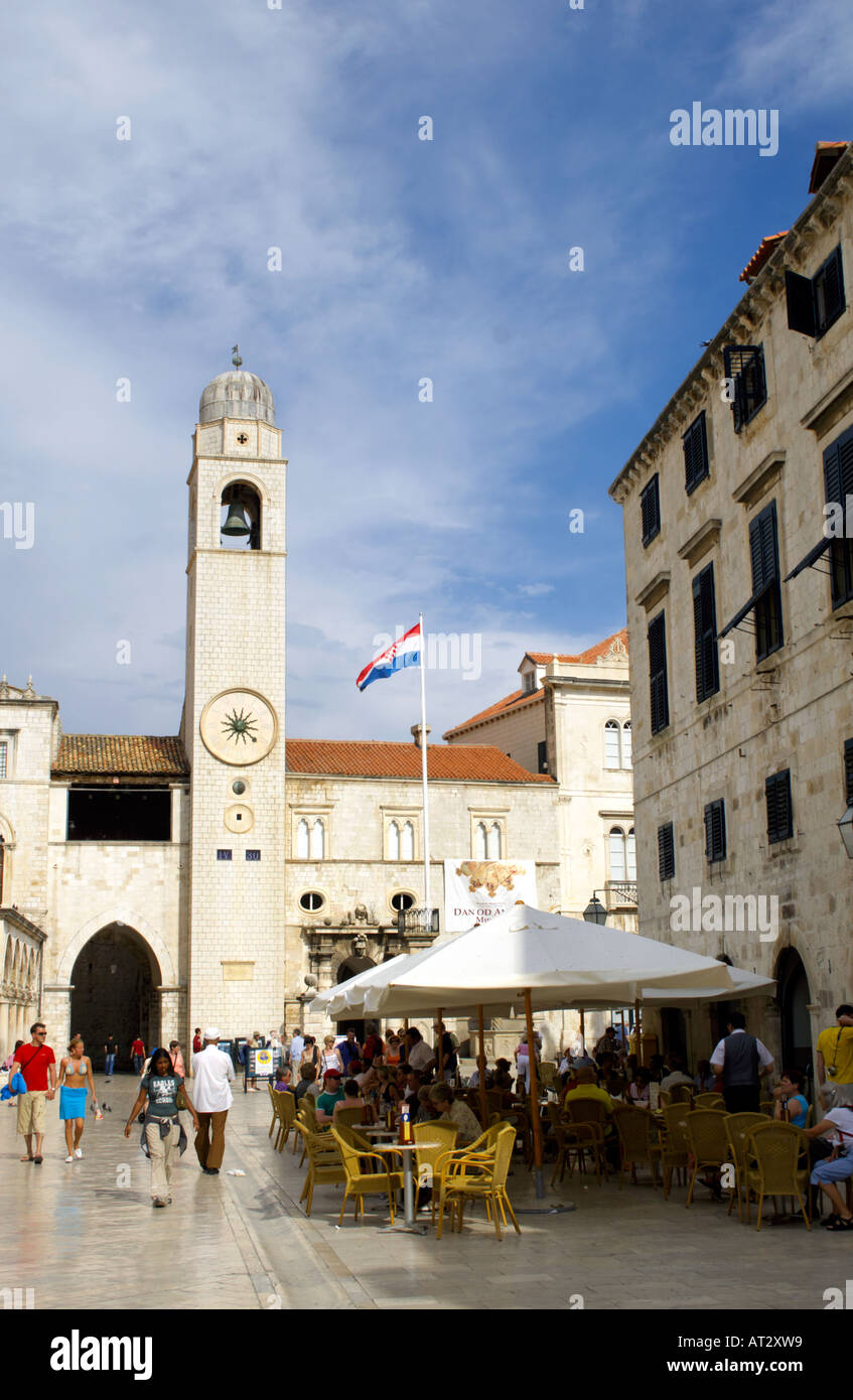 Clock Tower in Luza Square and pavement cafe, Dubrovnik, Croatia Clock ...