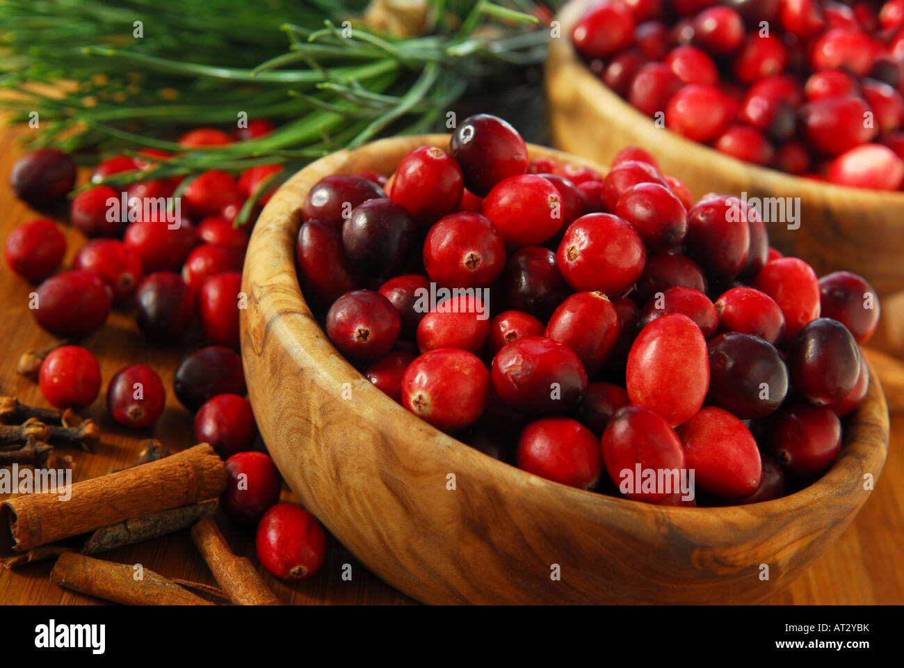 Fresh red cranberries in wooden bowls with spices and pine branches ...