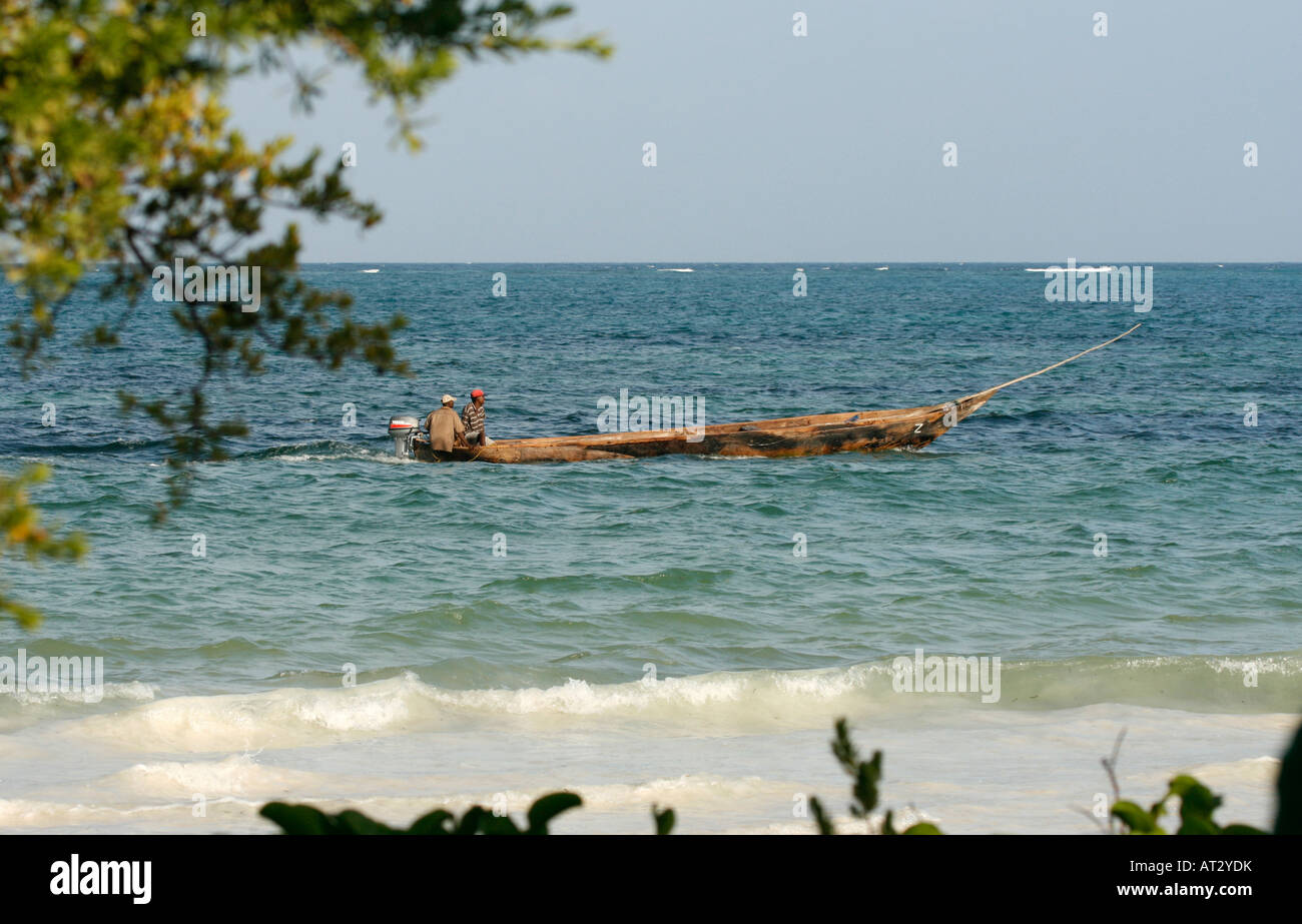 Motorised canoe near shore in the Indian Ocean on the east coast of ...