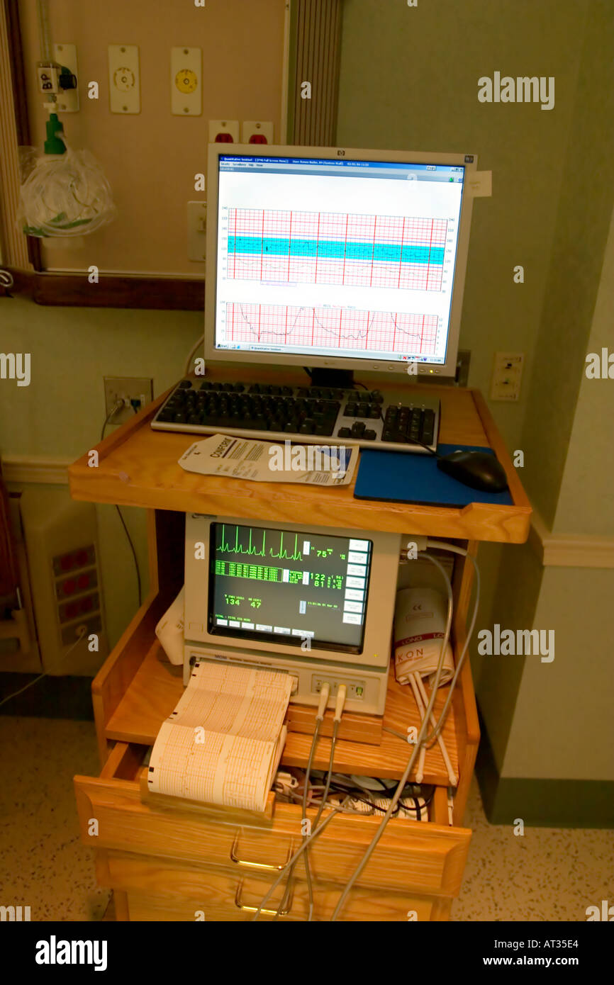 Computer screens monitoring vital signs and contractions of woman in ...