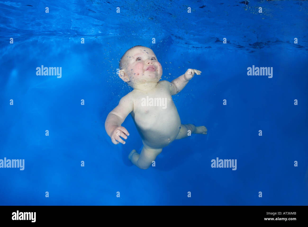 Baby Underwater in pool on blue background Stock Photo - Alamy