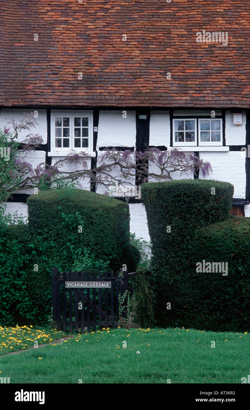 Timber framed Vicarage Cottage with flowering wisteria, Brockham Green ...