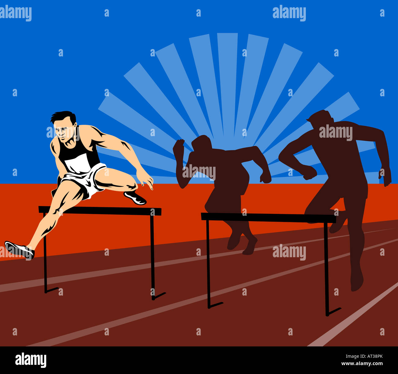 Athletes jumping hurdles Stock Photo - Alamy