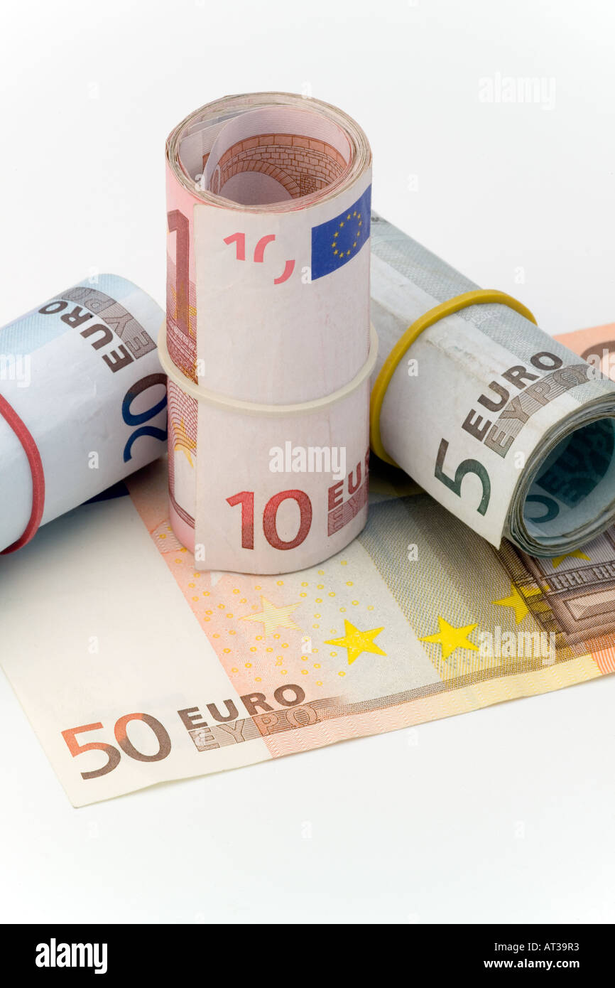 European bank notes rolled rolls pile elastic band various 10 hi-res ...