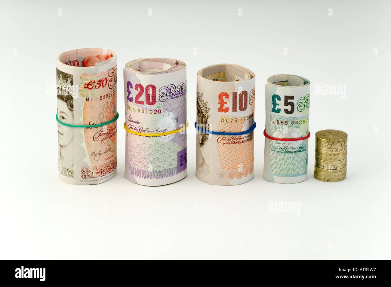 British currency Banknotes rolls and pound coin pile UK Stock Photo - Alamy