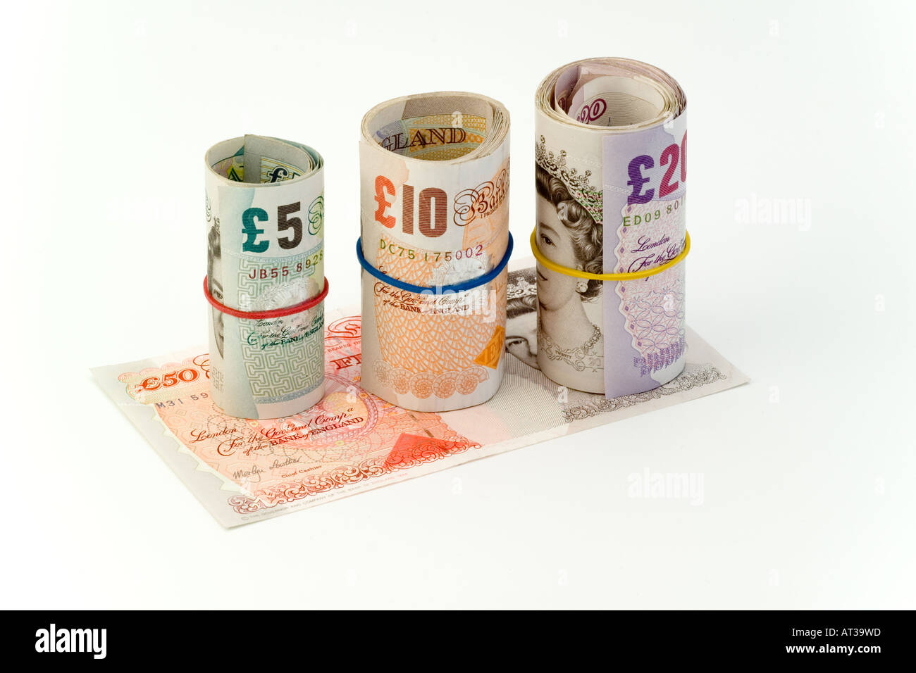 Rolls of British UK Bank Notes on a £50 Stock Photo - Alamy