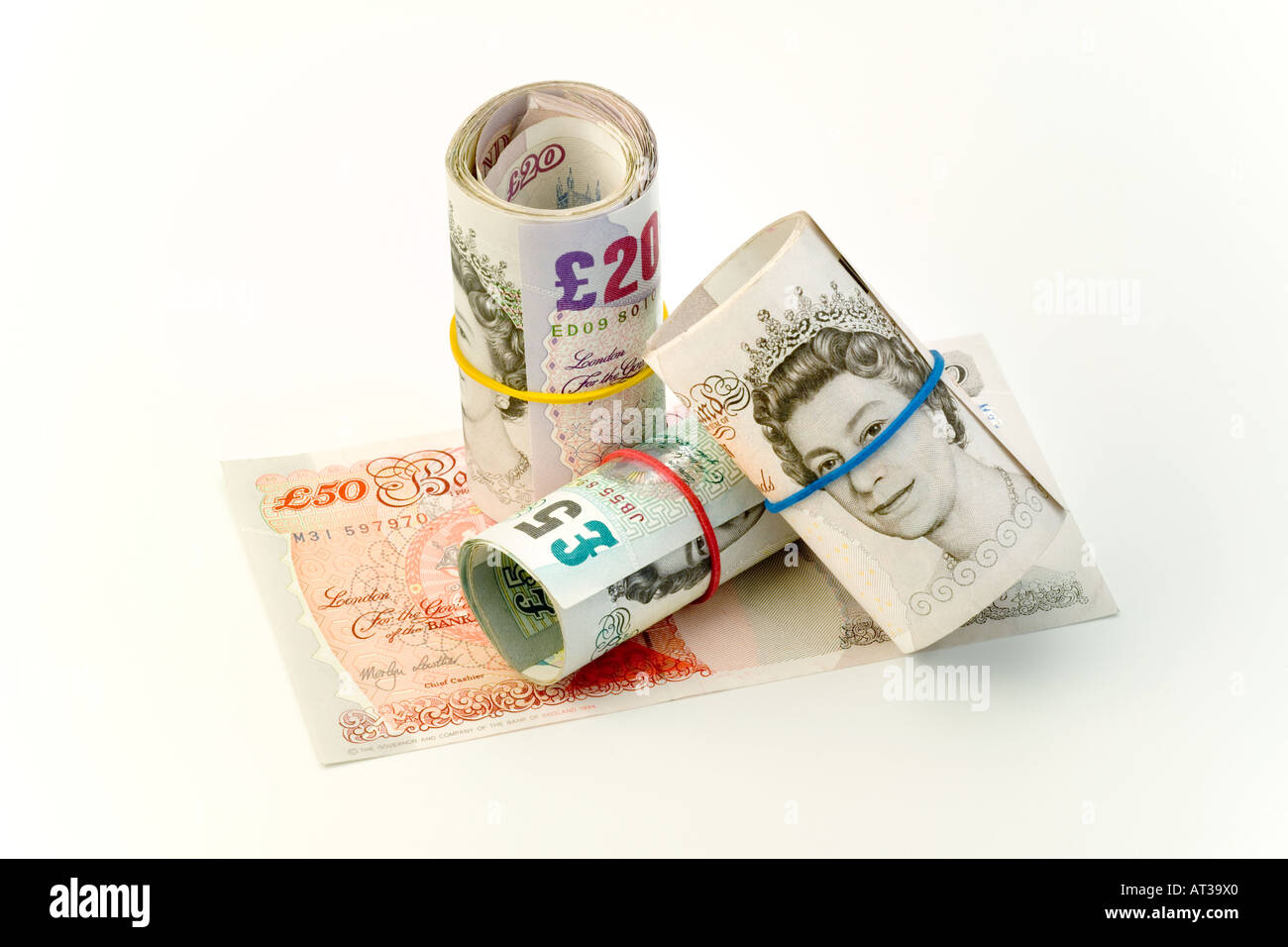 Rolls of British UK Bank Notes on a £50 Stock Photo - Alamy