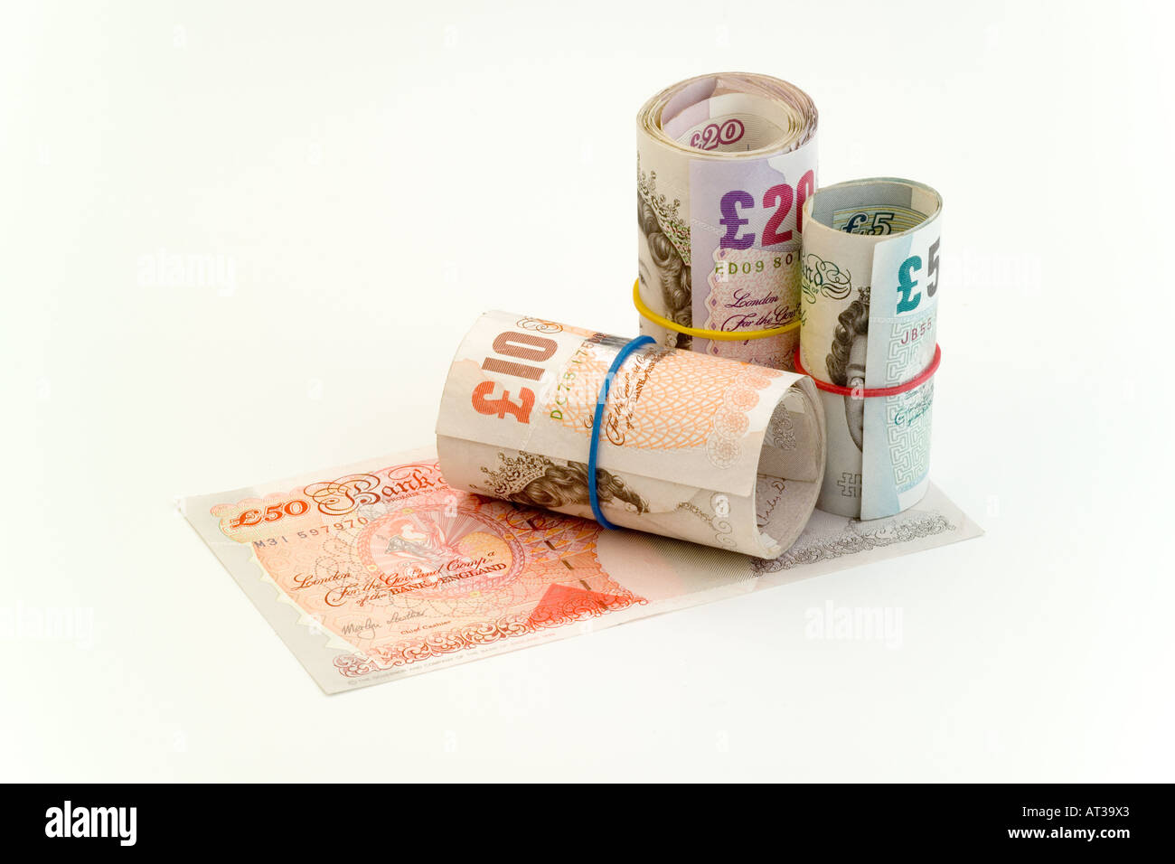 Rolls of British UK Bank Notes on a £50 Stock Photo - Alamy
