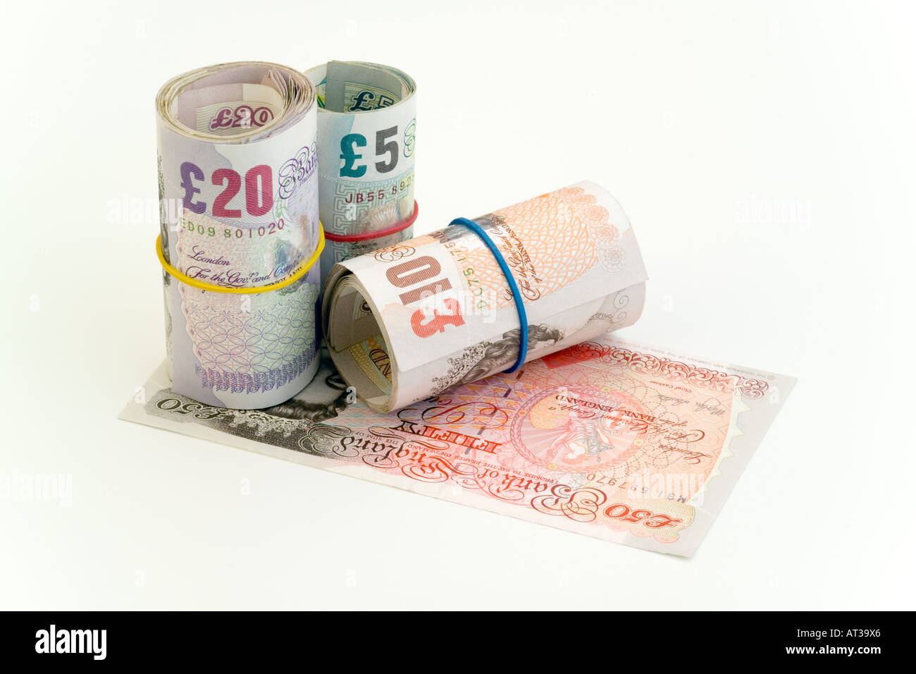 Rolls of British UK Bank Notes on a £50 Stock Photo - Alamy