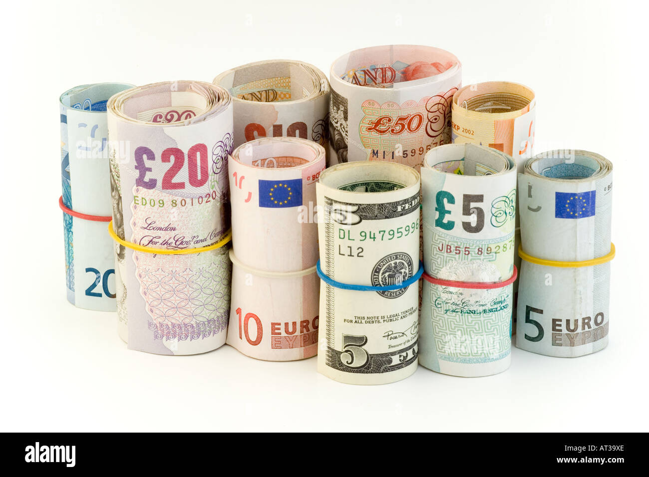 European bank notes rolled rolls pile elastic band various 10 hi-res ...