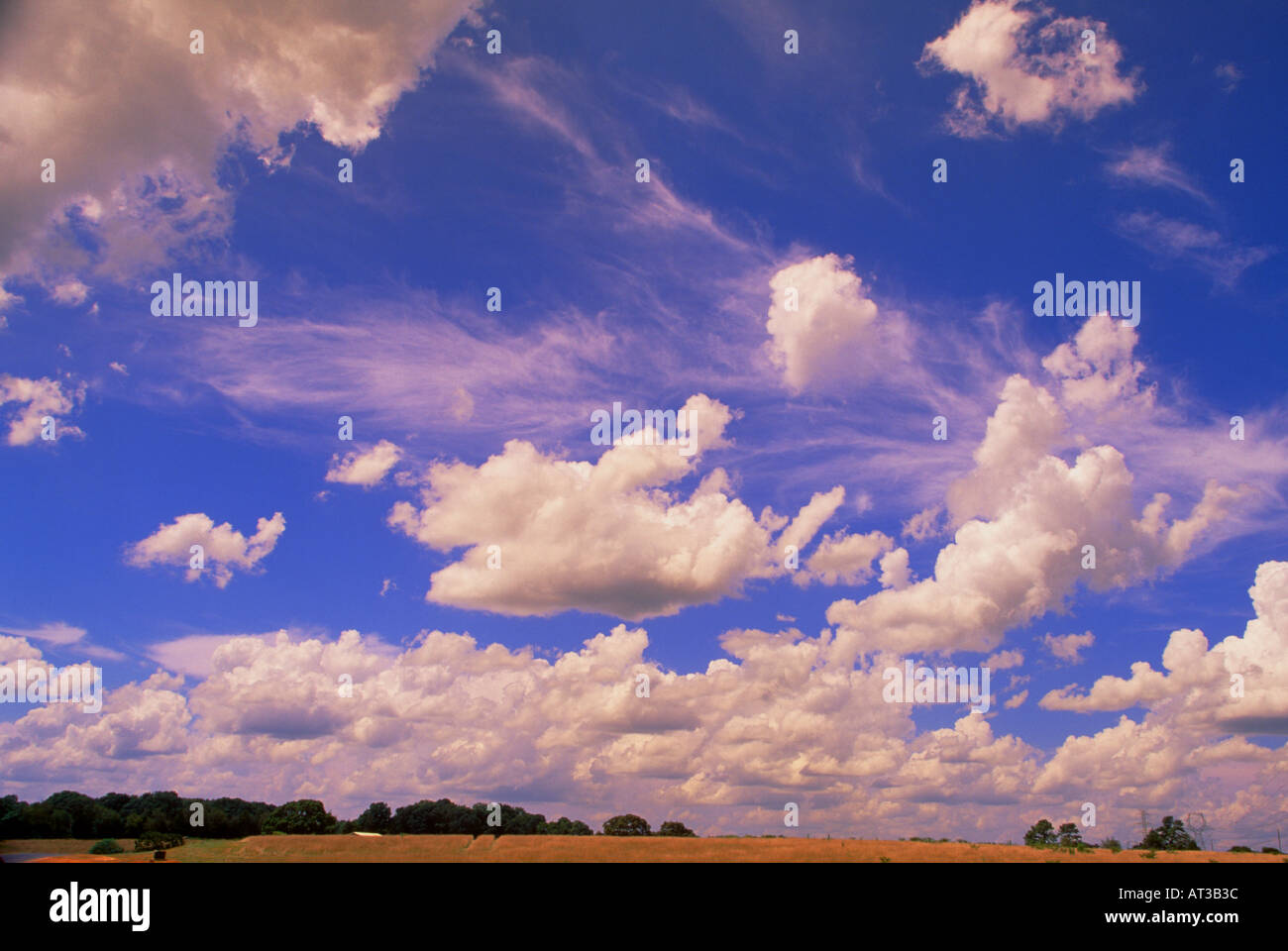 Fluffy clouds drift across a brilliant blue sky on a bright sunny day ...