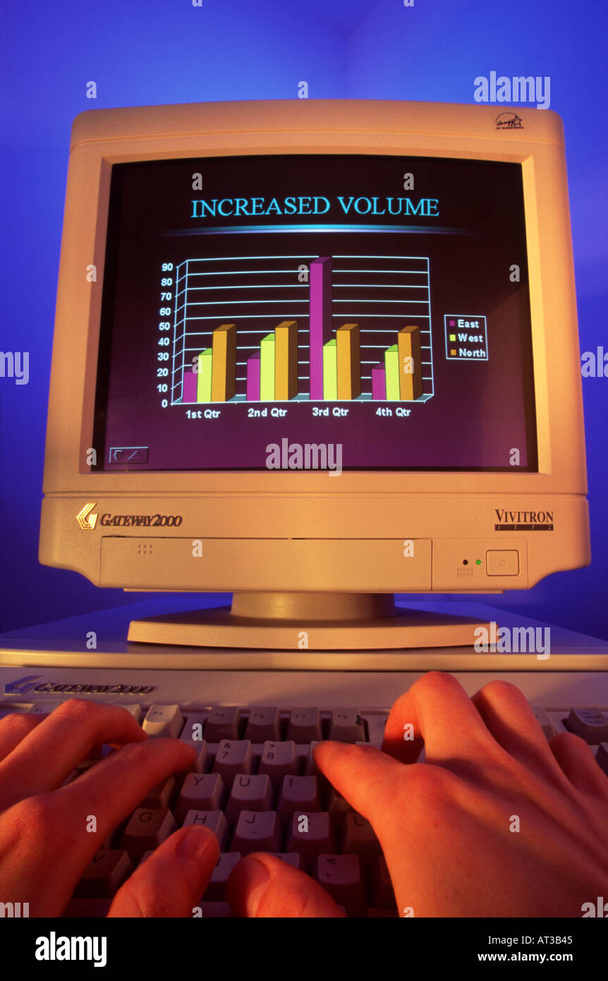 A computer screen shows Increased Volume graph as fingers type Stock ...