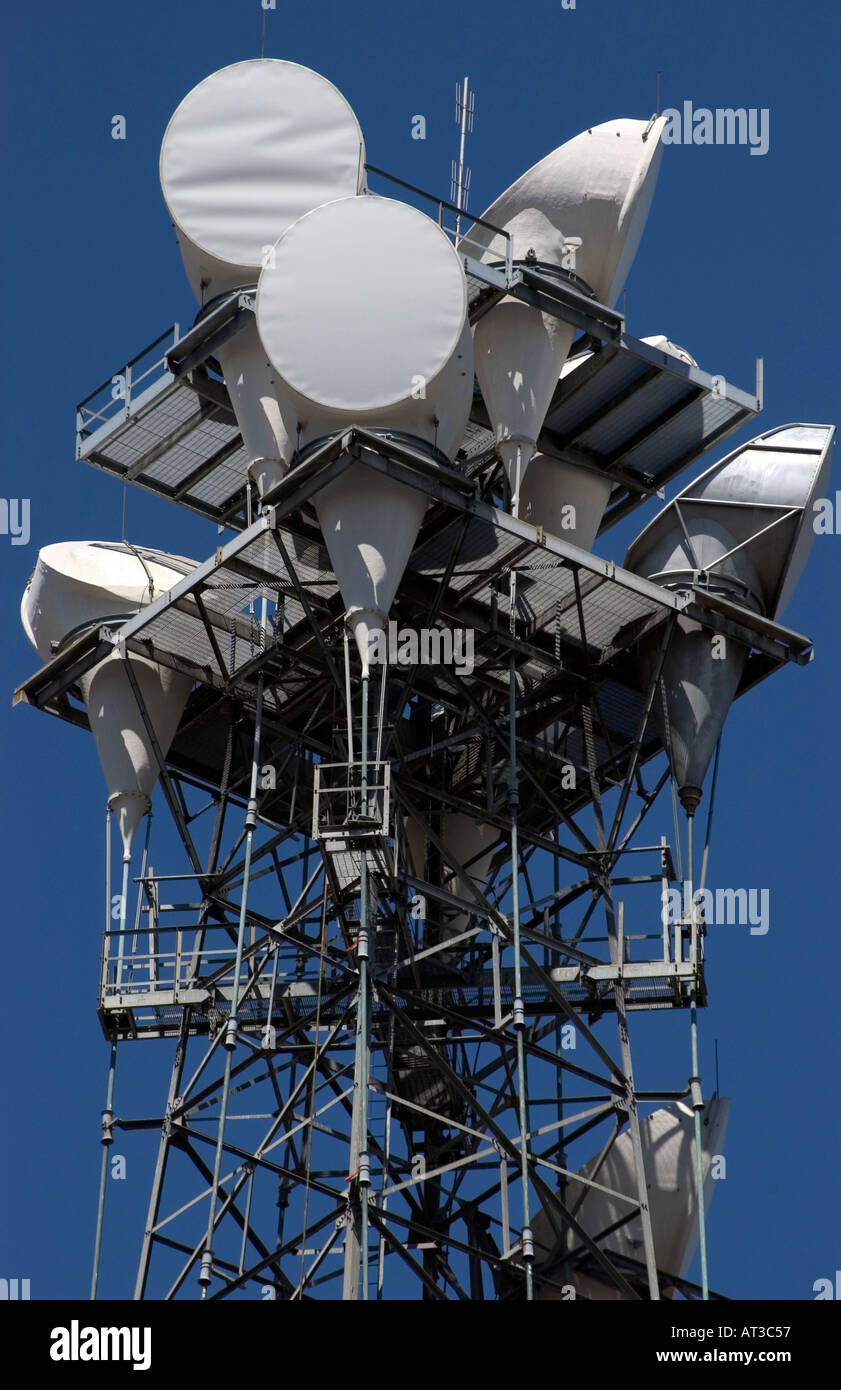 Tall antenna tower with microwave and other communications transmission ...