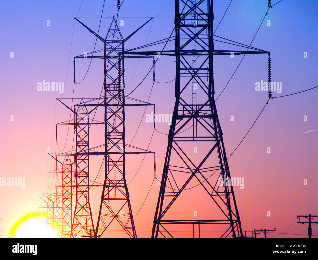 power lines silhouette in sunset Stock Photo - Alamy