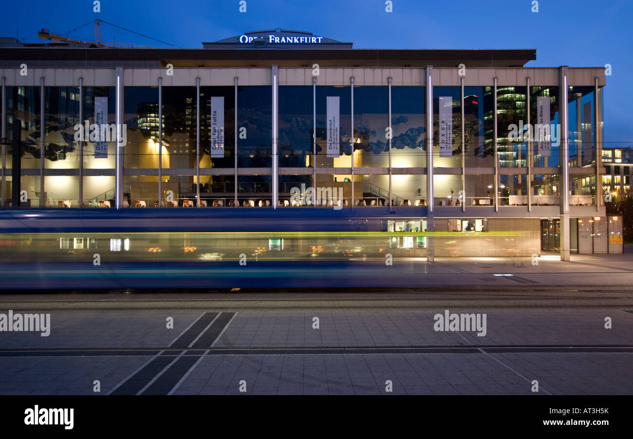 Frankfurt's Opera House and speeding tram at night Stock Photo - Alamy