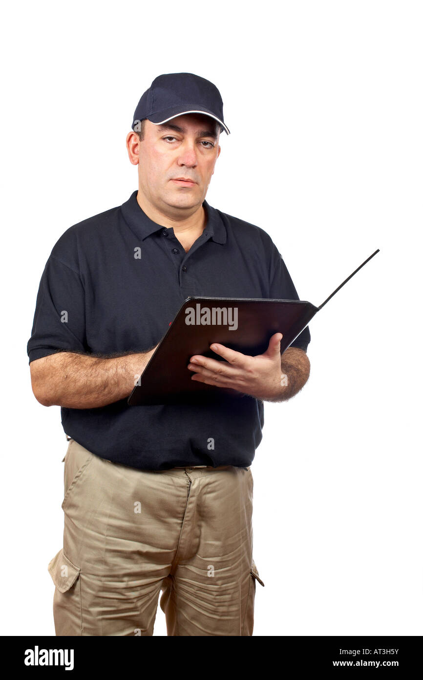 A serious courier writing on white background Stock Photo - Alamy