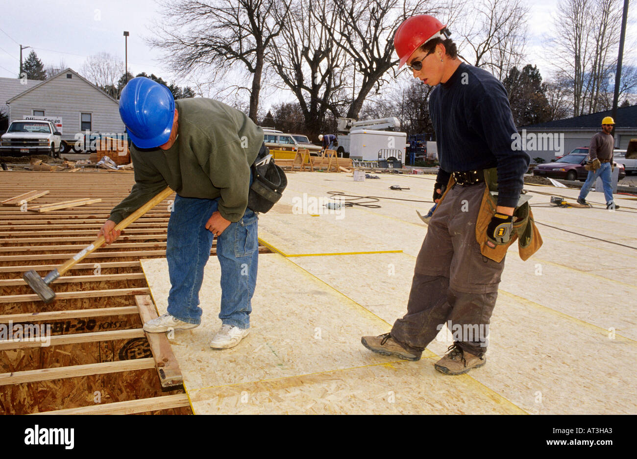 Construction workers install tongue and groove sub-floor in a new home ...