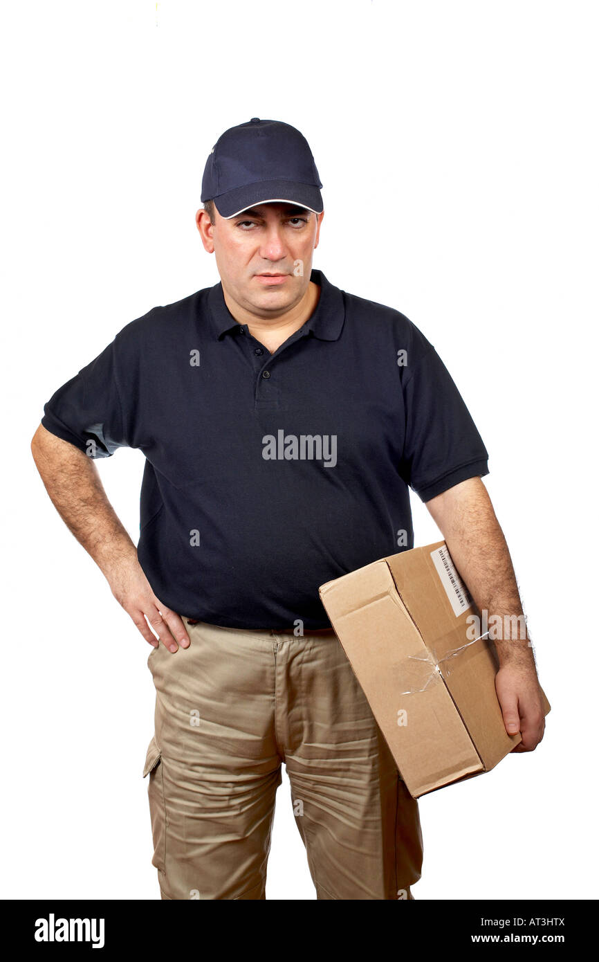 A courier delivering a package on white background Stock Photo - Alamy