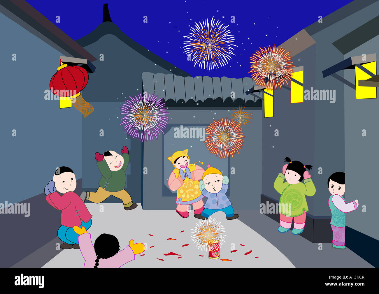 Kids setting fireworks Stock Photo - Alamy