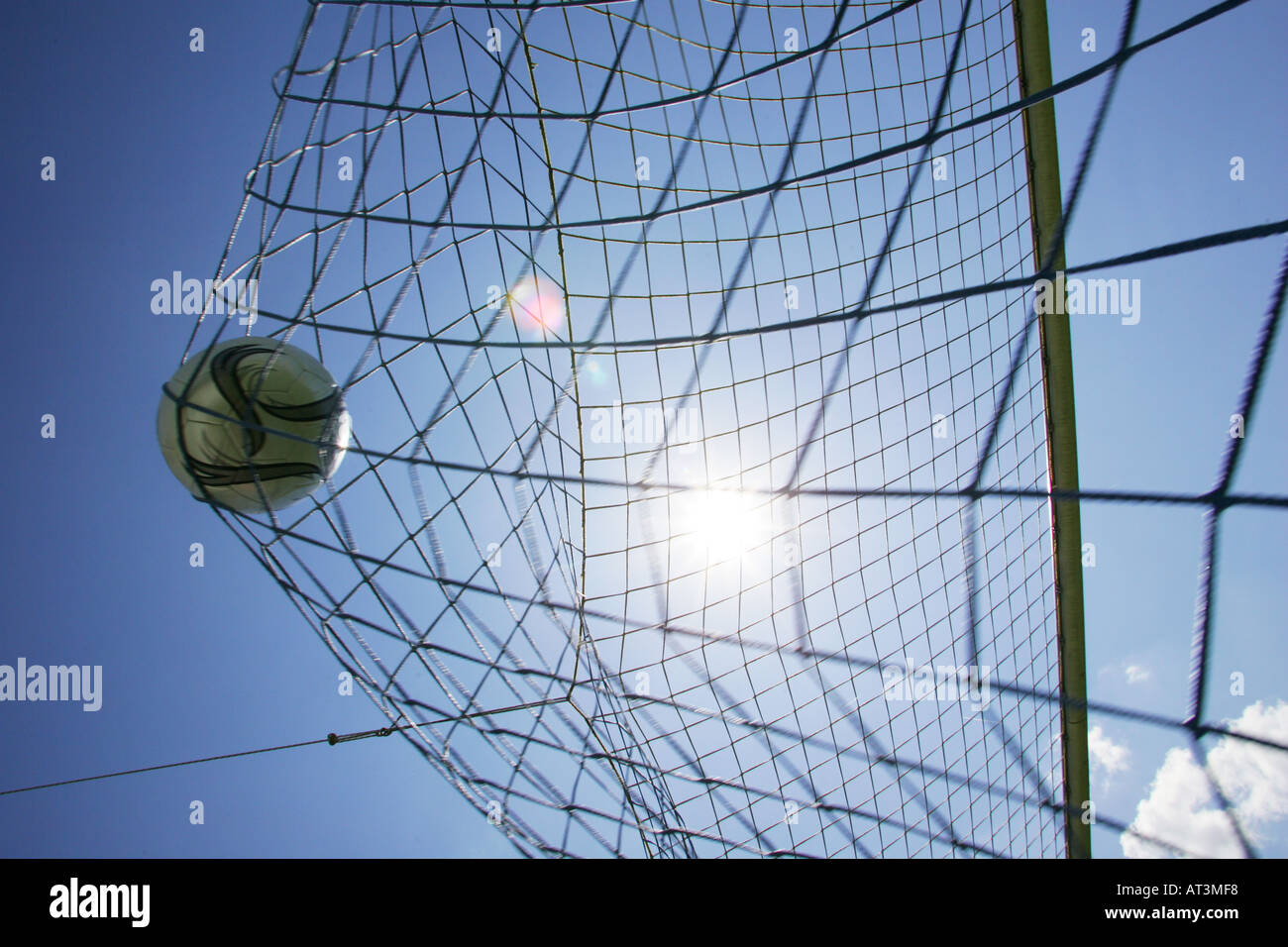 Soccer ball hitting back of net Stock Photo - Alamy