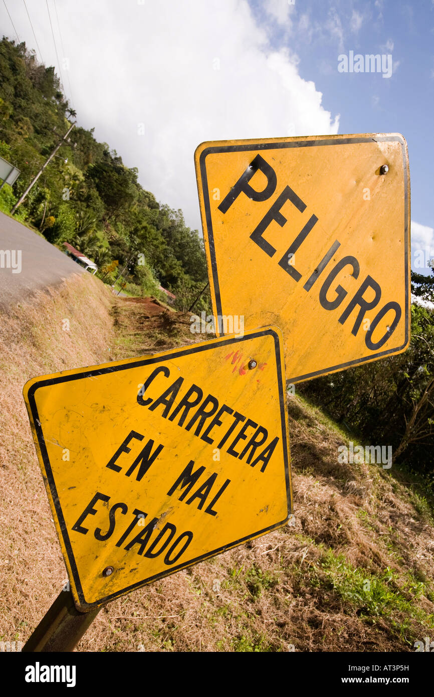 Costa Rica Laguna Arenal warning road sign danger poor road surface ...