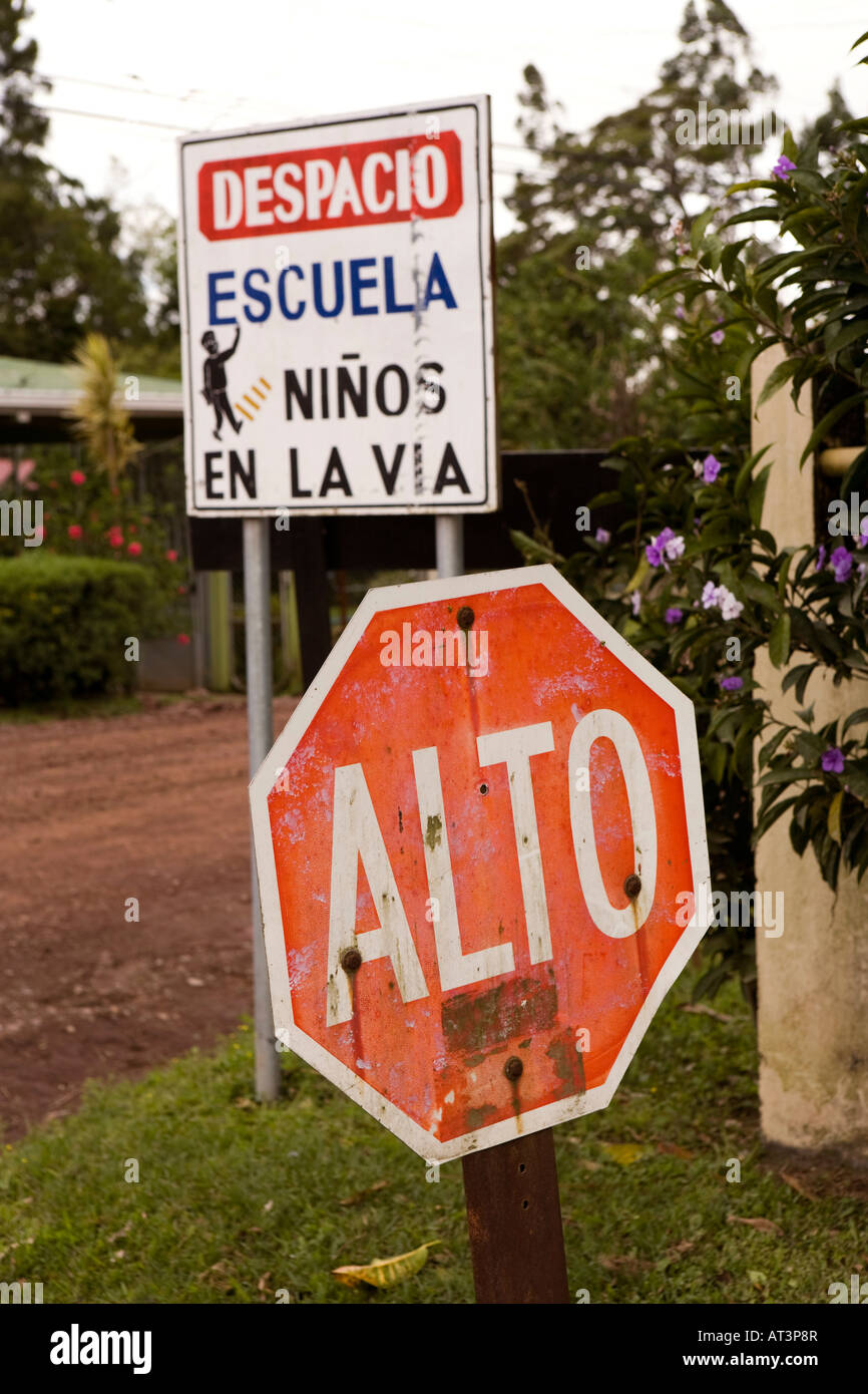 Costa Rica Cordillera de Tilleran Rio Chiquito stop sign outside local ...