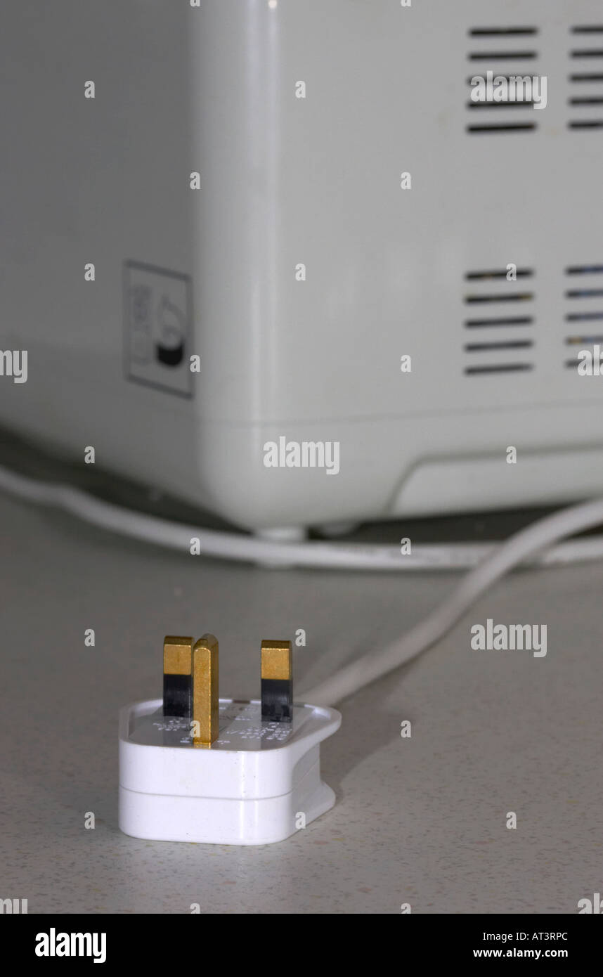 UK 3 pin white electrical plug on long flex attached to white ...
