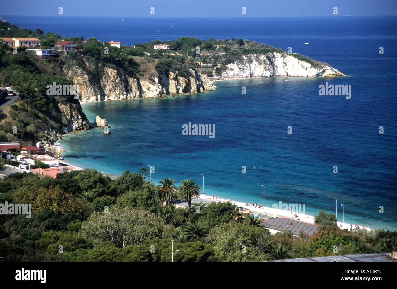 Distant view of Biodola Beach, on the island of Elba, Meditteranean Sea ...