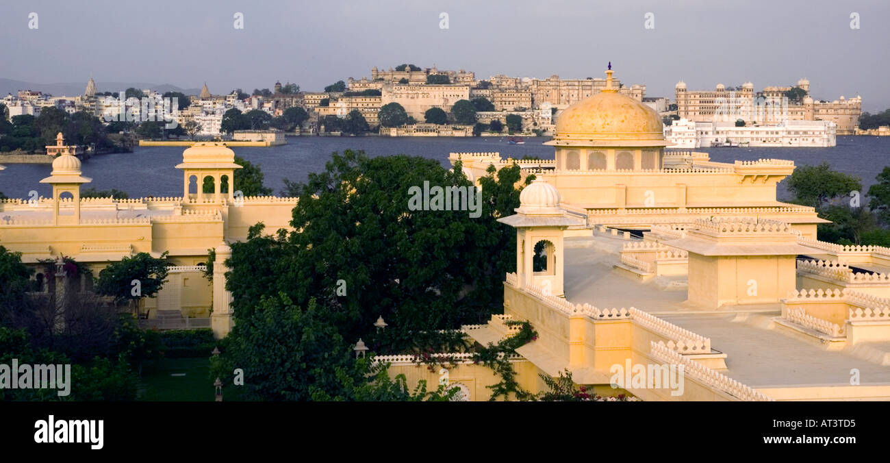 View of City Palace and Lake Palace from rooftop of the Trident Hilton ...