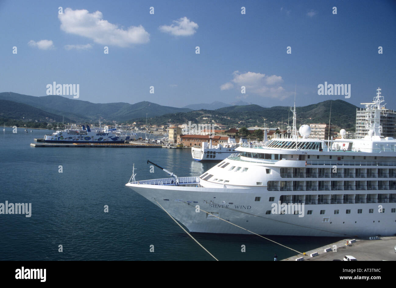 Cruise ship at dock in the Isle of Elba port.Mediterranean Sea Stock ...