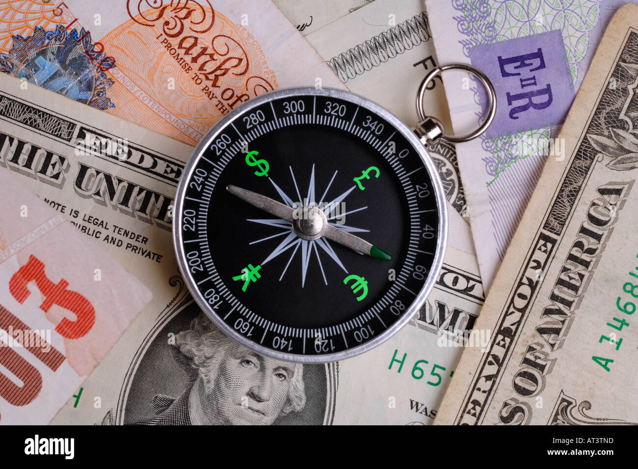 Compass with currency symbols as indices lying on bank notes Stock ...