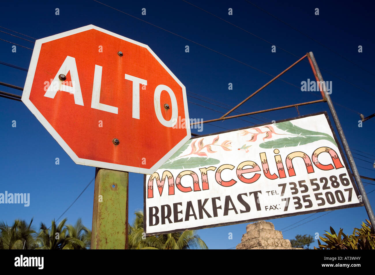 Costa Rica Osa Peninsula Puerto Jimenez town centre stop traffic sign ...