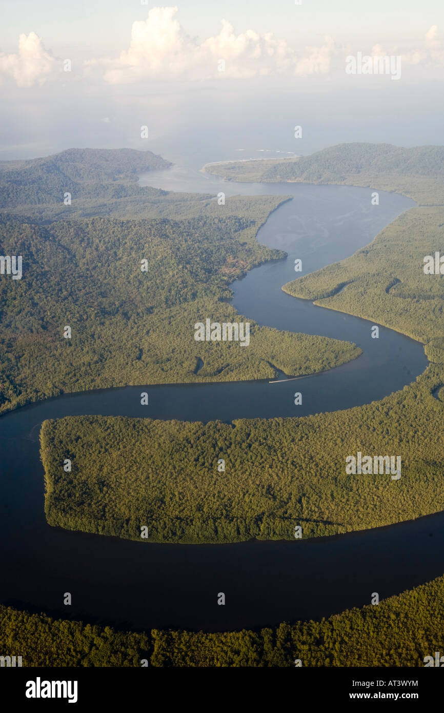 Costa Rica Sierpe River entering Bahia Drake aerial view Stock Photo ...