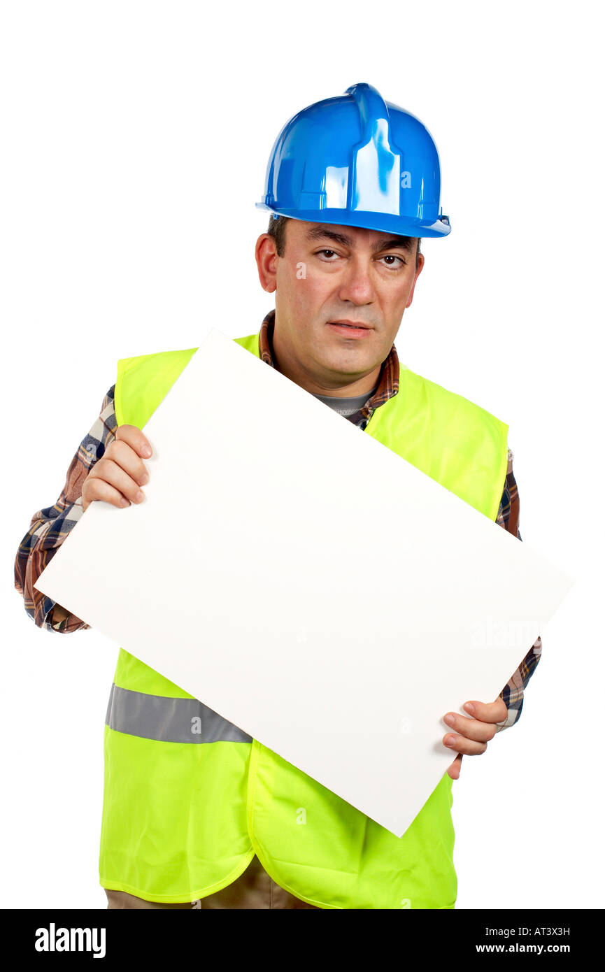 Construction worker with green safety vest holding the blank poster ...