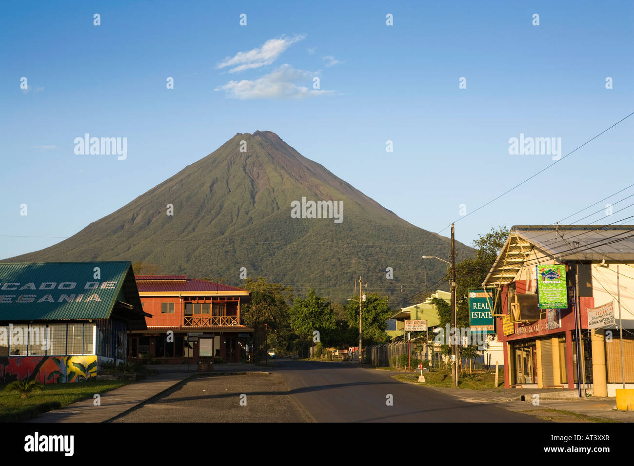Costa Rica La Fortuna Volcan Arenal Volcano at end of town street Stock ...