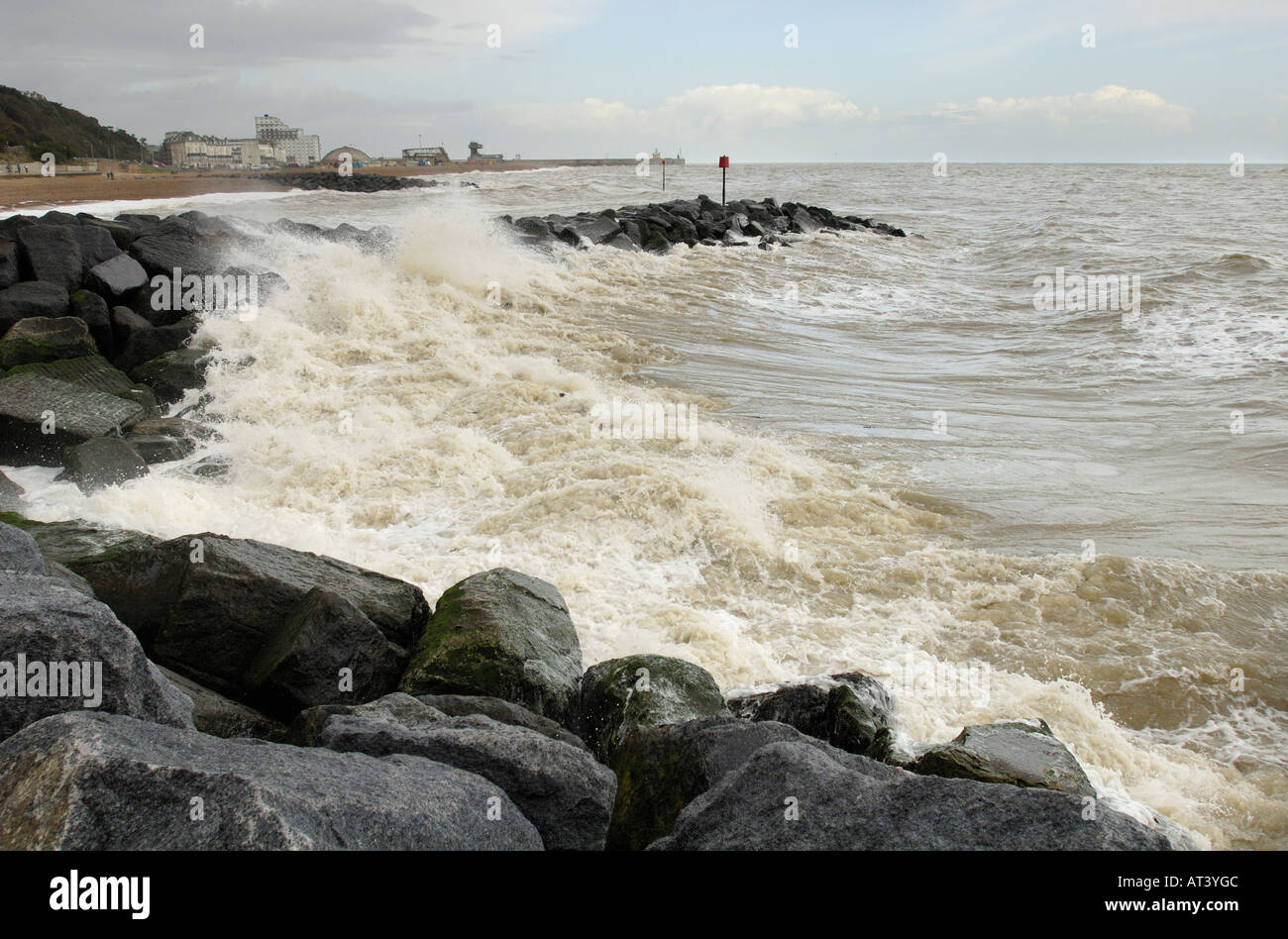 Rock groynes and rough sea Folkestone Kent UK Stock Photo - Alamy