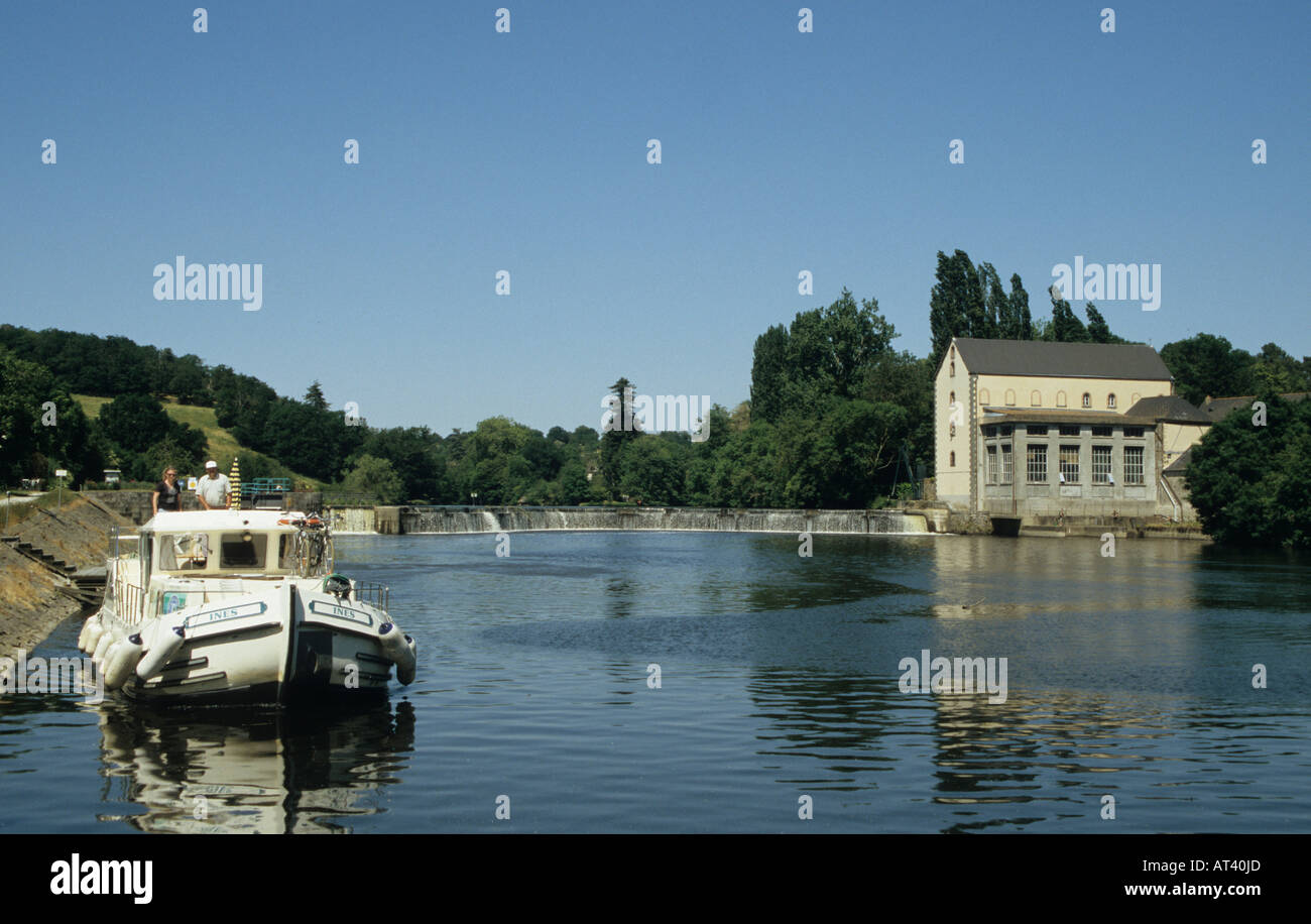 Pleasure barge and mill on the Mayenne River in the Mayenne Département ...