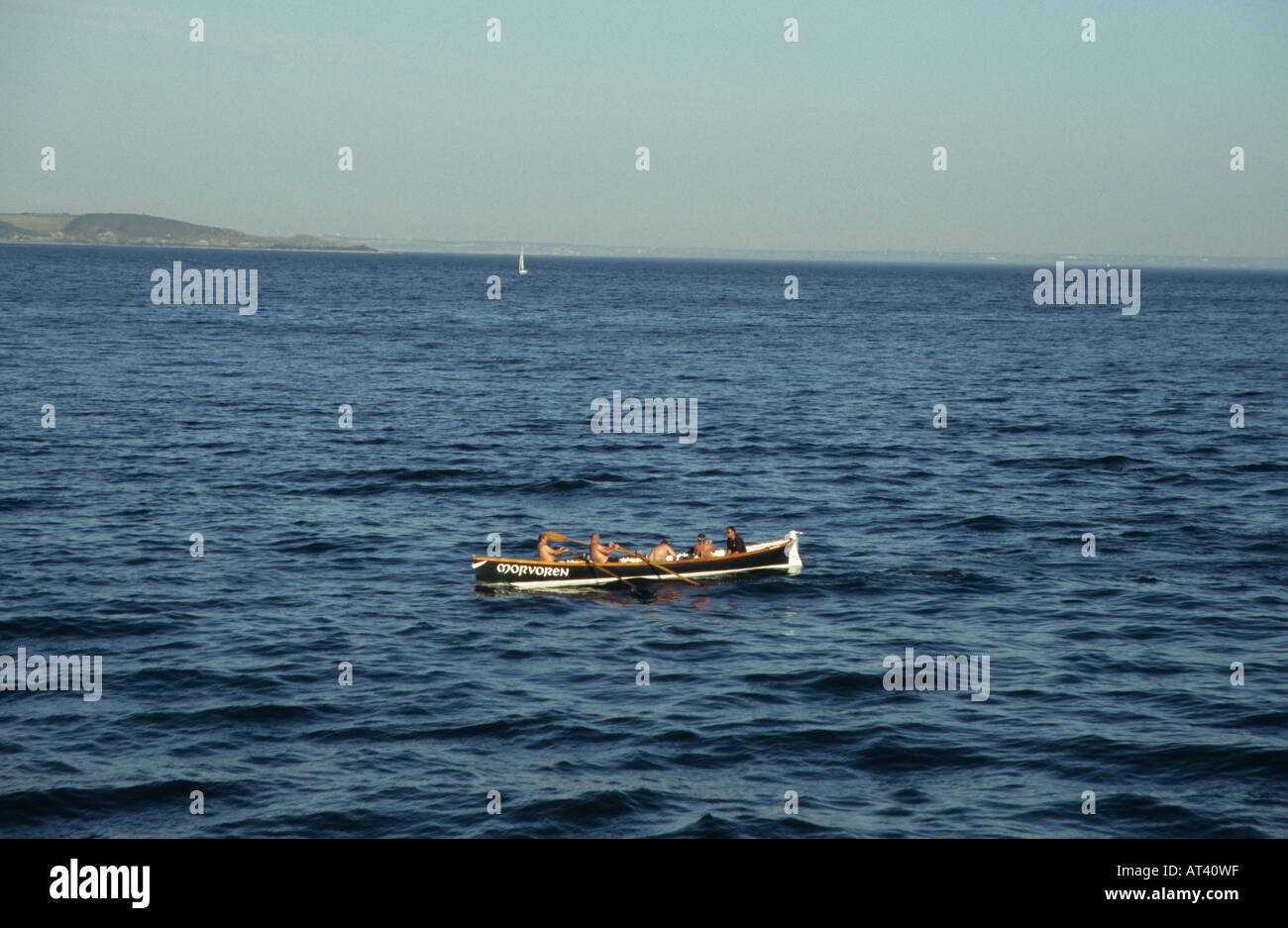 Cornish Gig boat rowing off Penzance harbour Cornwall UK Britain ...